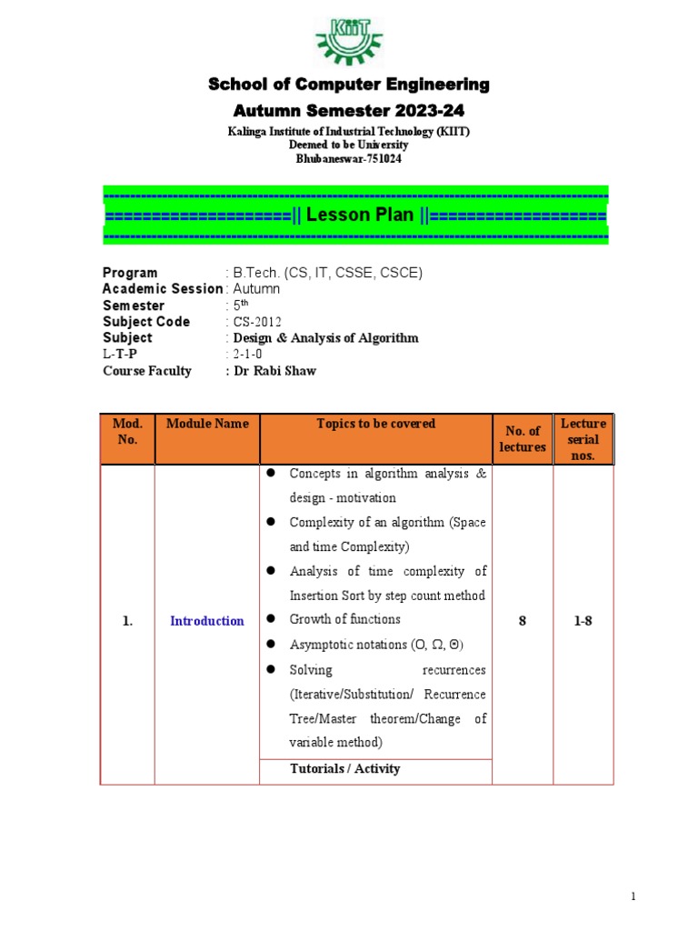 2 2023 Lesson Plan CS2012 DAA | PDF | Recurrence Relation | Time Complexity