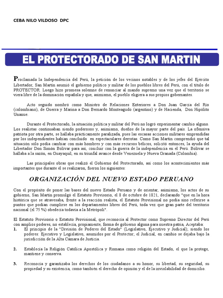 El Protectorado de San Martin para Sexto de Primaria | PDF | Perú ...