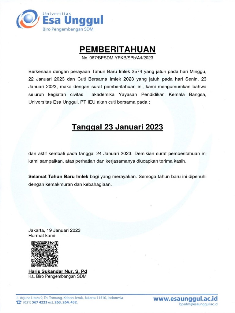 Pemberitahuan SDM - Libur Tahun Baru Imlek 2023 - Cuti Bersama-1 | PDF