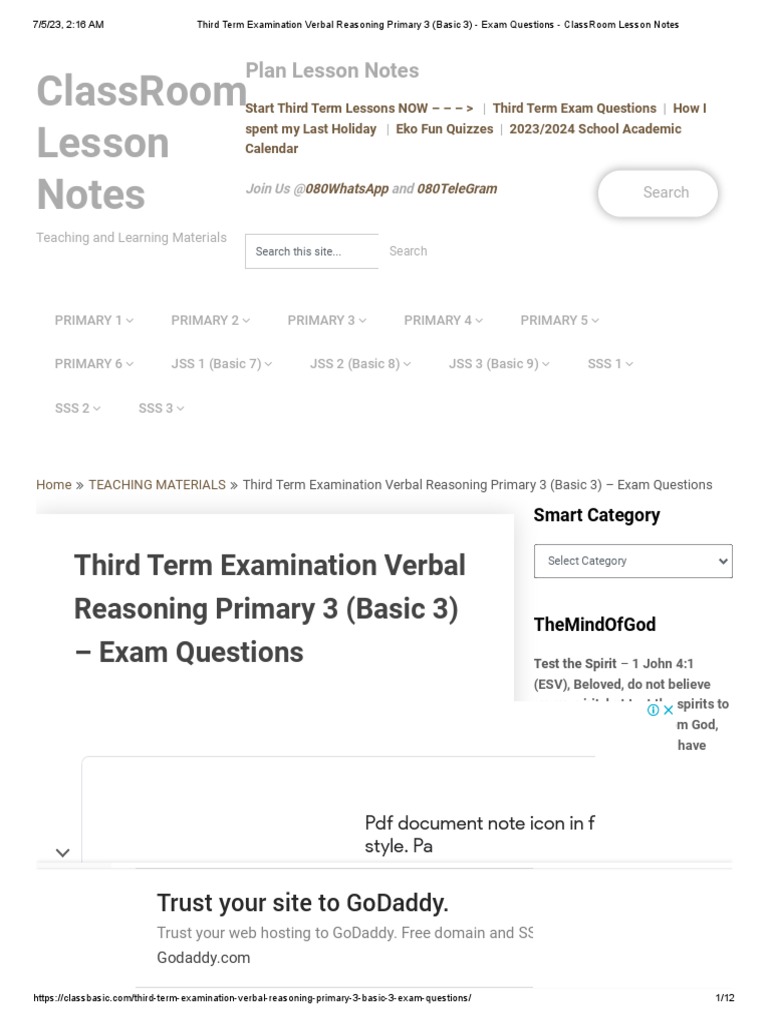 Third Term Examination Verbal Reasoning Primary 3 (Basic 3) - Exam ...