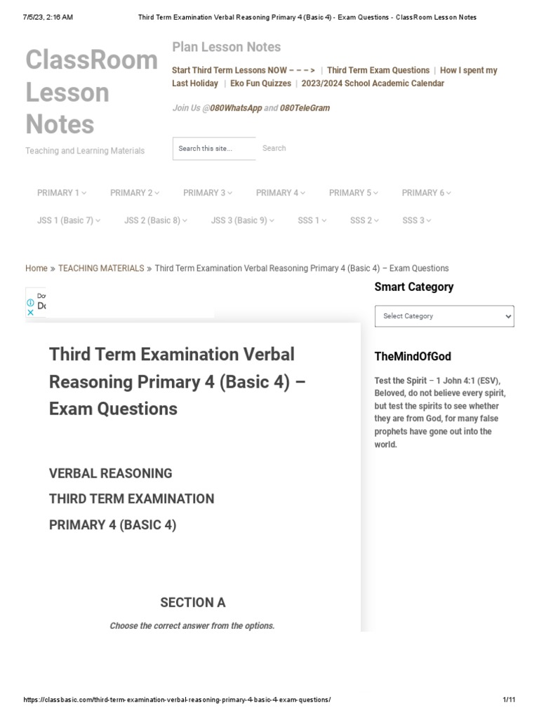 Third Term Examination Verbal Reasoning Primary 4 (Basic 4) - Exam Questions - ClassRoom Lesson ...