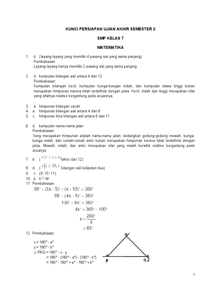 Kunci Matematika Kelas Vii SMP Persiapan Ujian Akhir Semester 2 | PDF