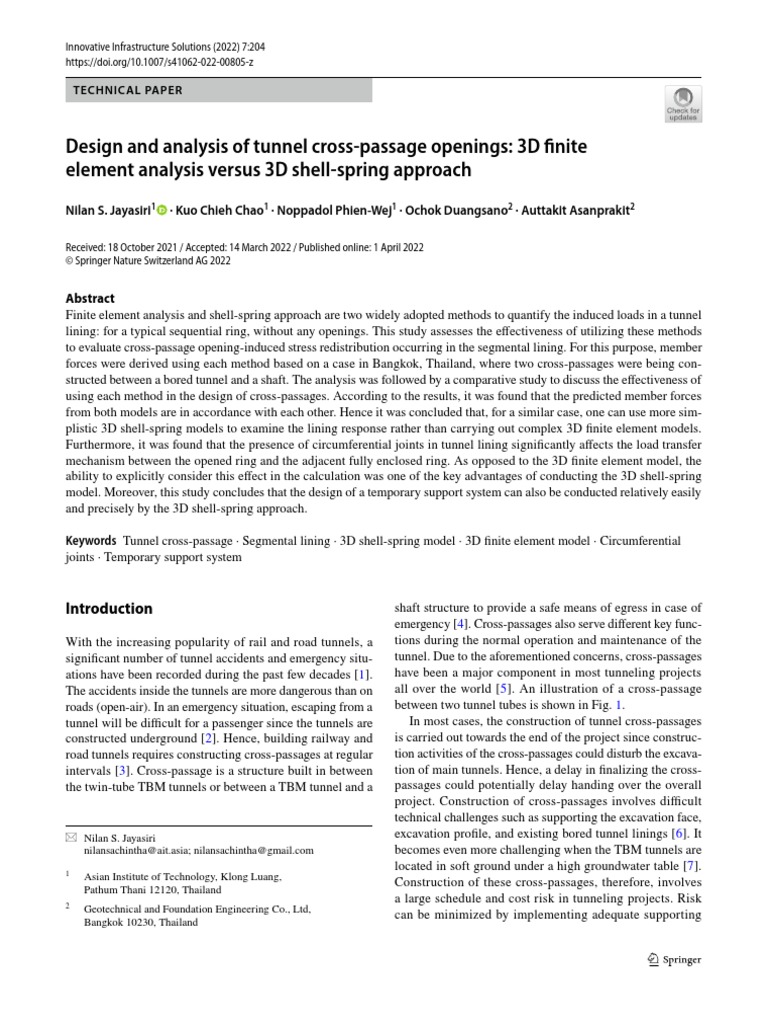 Design and Analysis of Tunnel Cross Passage Openings: 3D Finite Element Analysis Versus 3D Shell ...