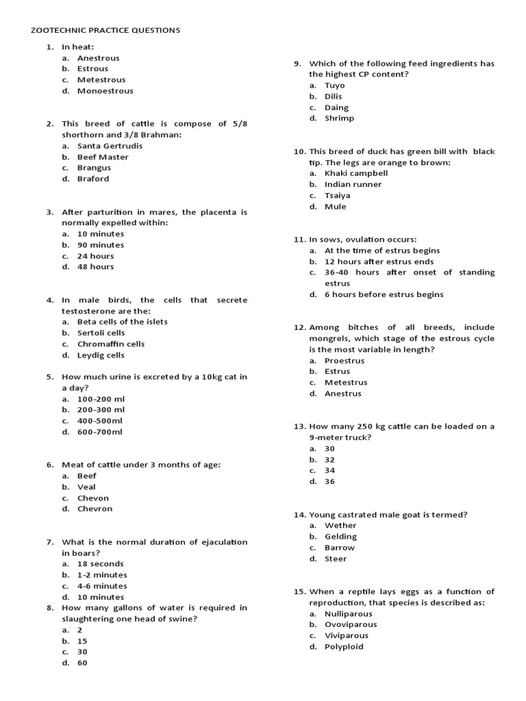 Zootechnic Practice Questions Guide | PDF | Pig | Ovary