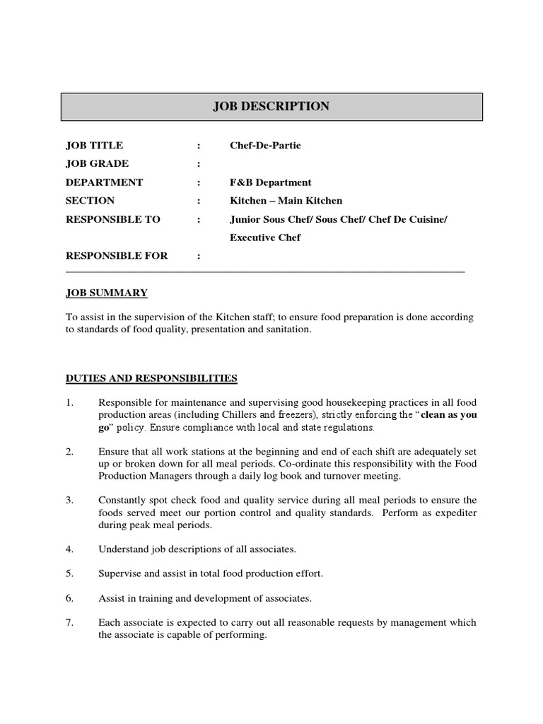 Chef De Partie Job Responsibilities | PDF | Chef | Food And Drink