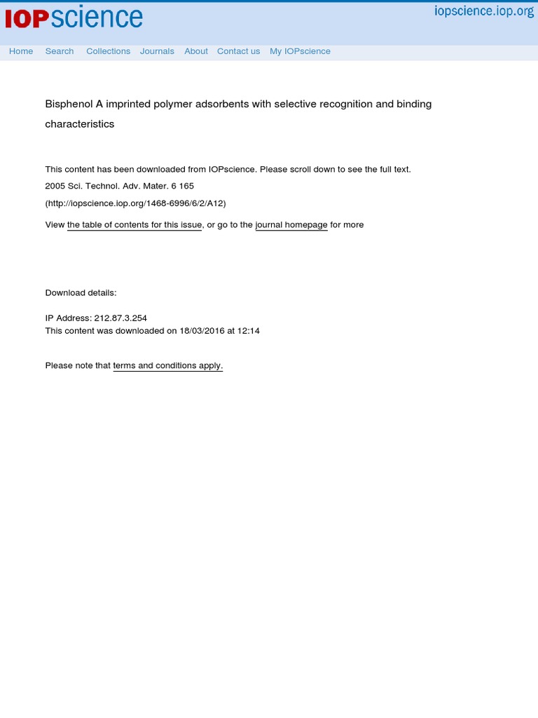 Bisphenol A Selective Polymer Adsorbents | PDF | Polymers | Hydrolysis