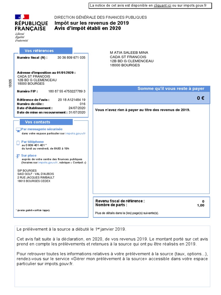 Avis D Impot 2020 Sur Les Revenus 2019 | PDF