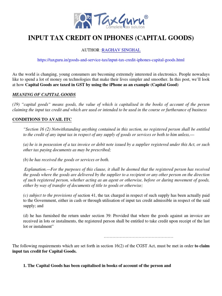 Input Tax Credit On Iphones (Capital Goods) - Taxguru - in | PDF ...