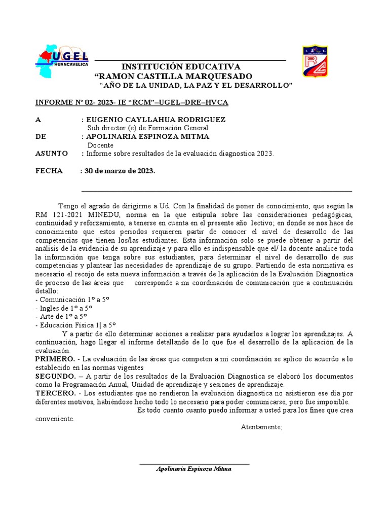 Informe N° 02 Evaluacion Diagnostica 2023 Pdf Evaluación Aprendizaje 0000