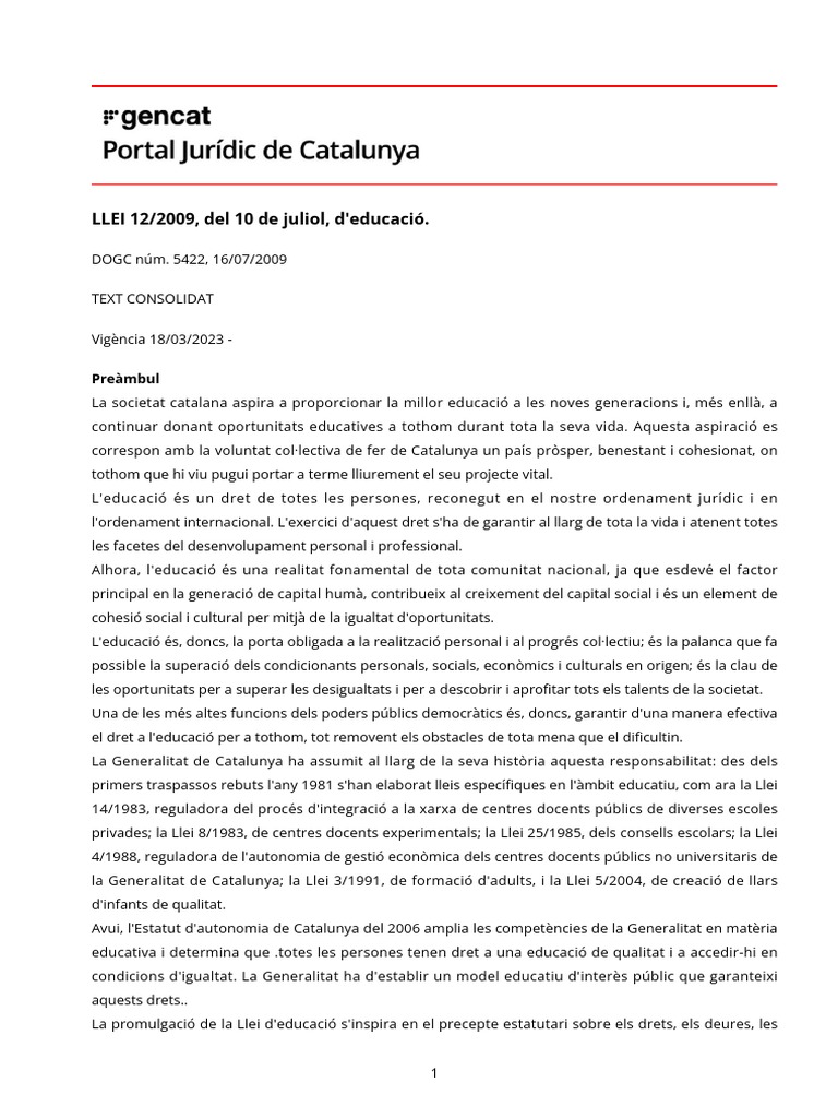 LLEI 12/2009, Del 10 de Juliol, D'educació.: Preàmbul | PDF