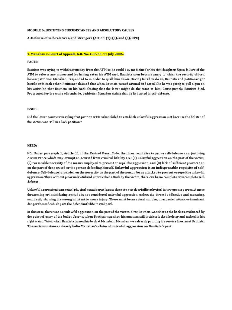 Crim Module 5 Final Case Digest | PDF | Burden Of Proof (Law) | Self Defense