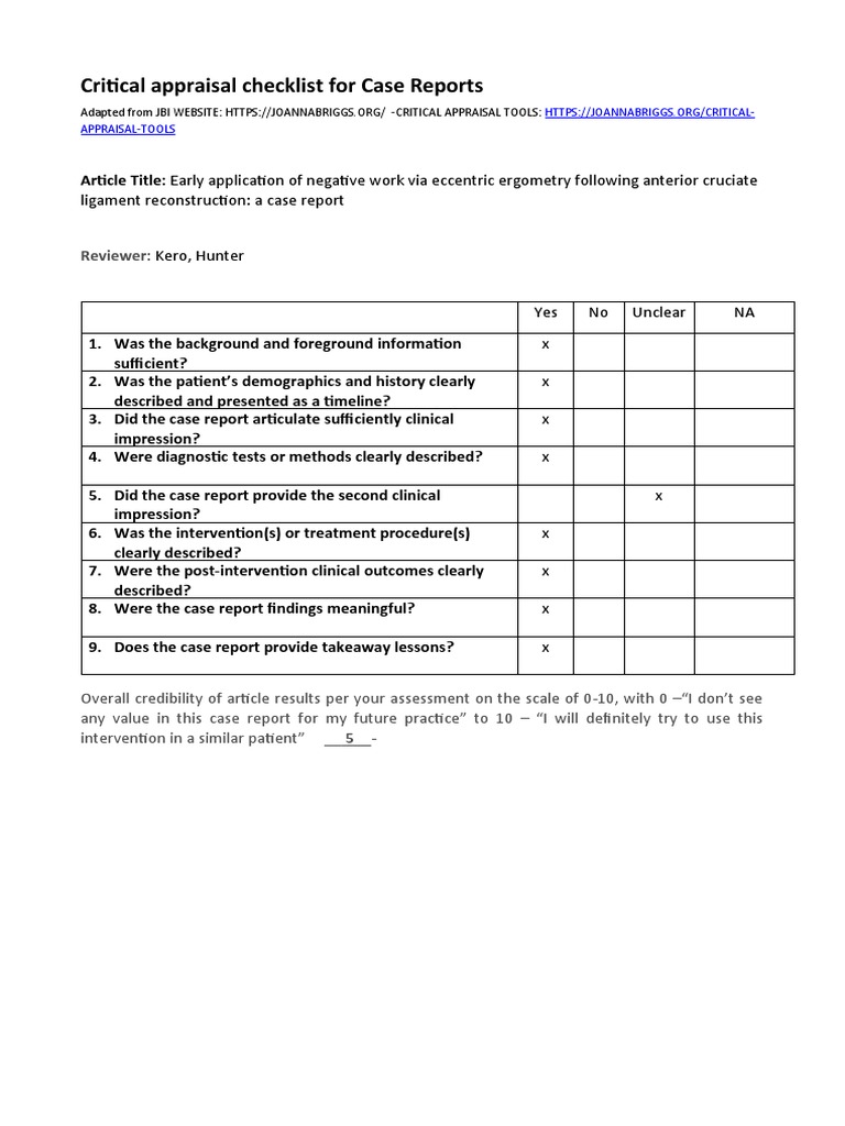 Case Report Appraisal Checklist for ACL Recovery | PDF | Medical ...