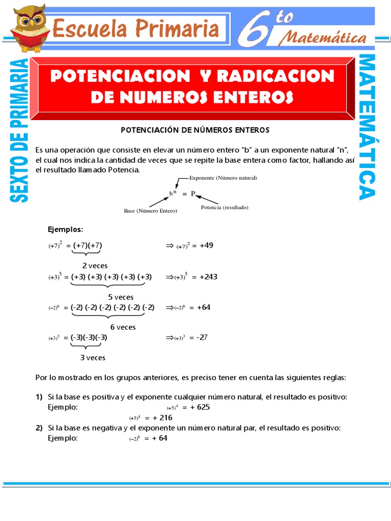 Potenciacion y Radicacion de Numeros Enteros para Sexto de Primaria | Descargar gratis PDF ...
