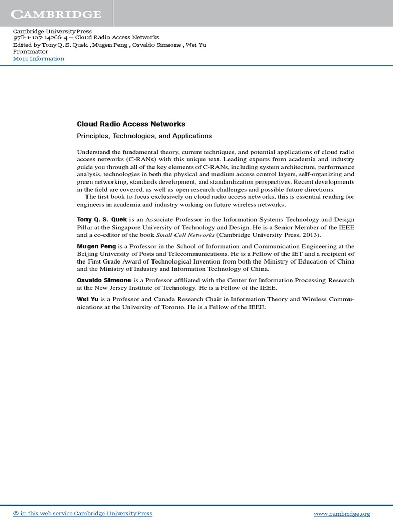 Cloud Radio Access Networks Principles Technologies And Applications
