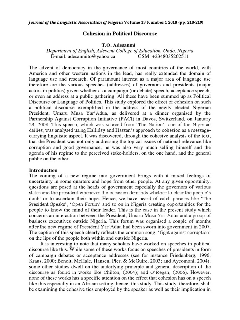 Cohesion in Political Discourse | PDF | Word | Linguistics