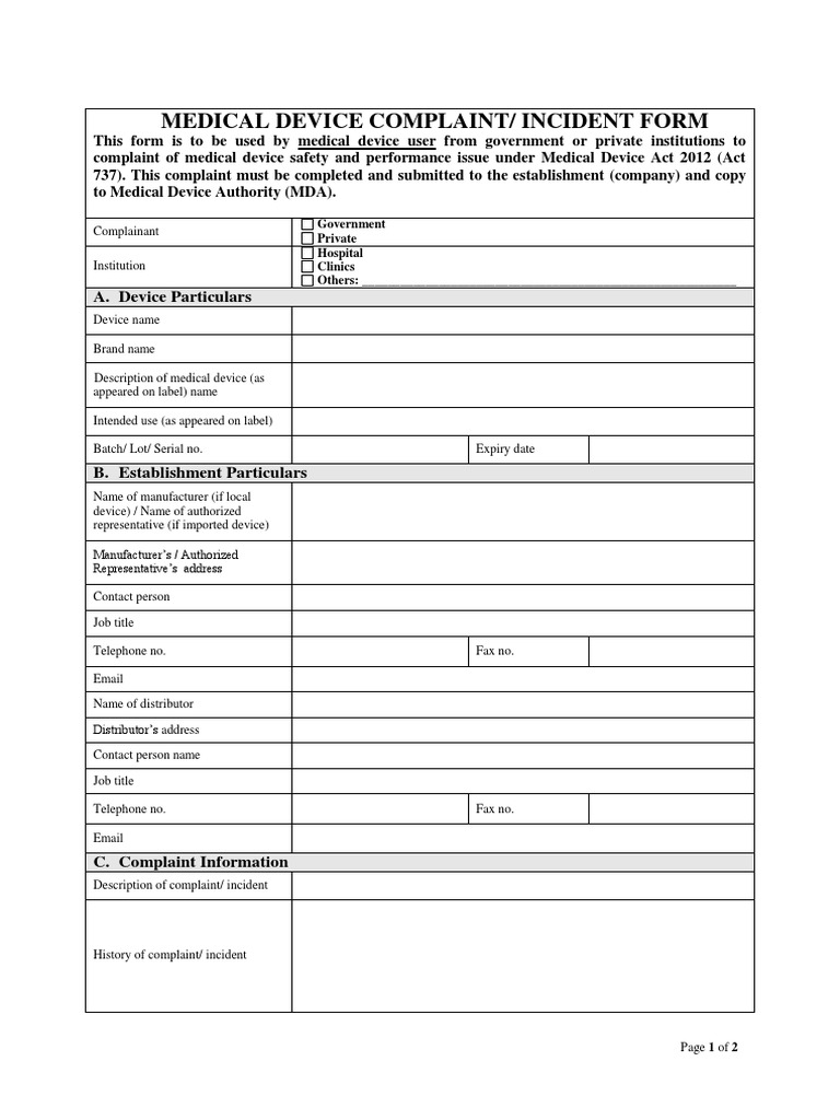 Medical Device Complaint Form | PDF | Medical Device | Service Industries