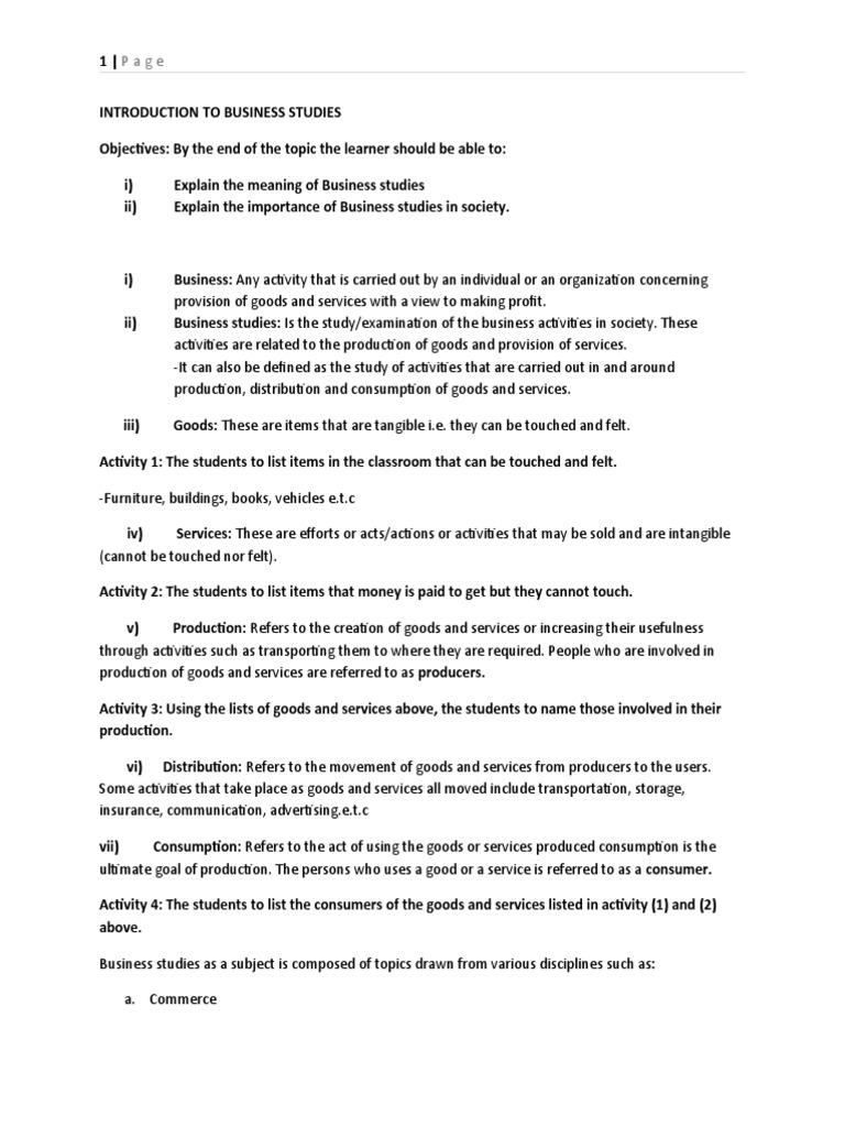 Introduction To Business Studies | PDF | Goods | Entrepreneurship