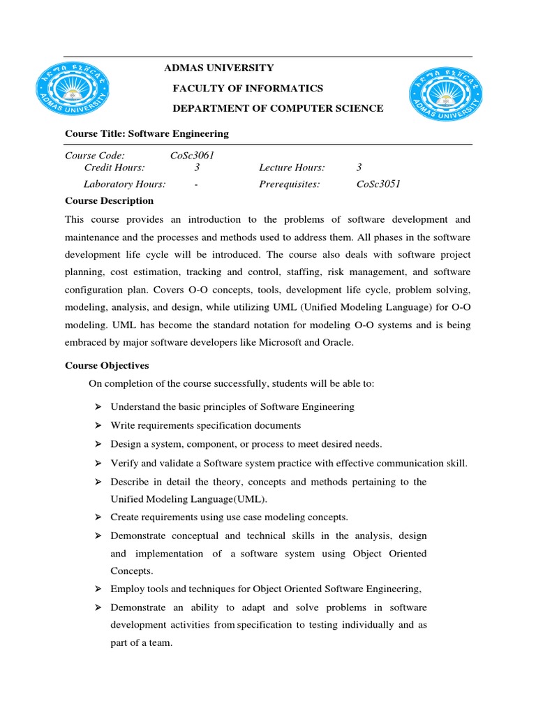Faculty of Informatics Department of Computer Science Course Title: Software Engineering | PDF ...