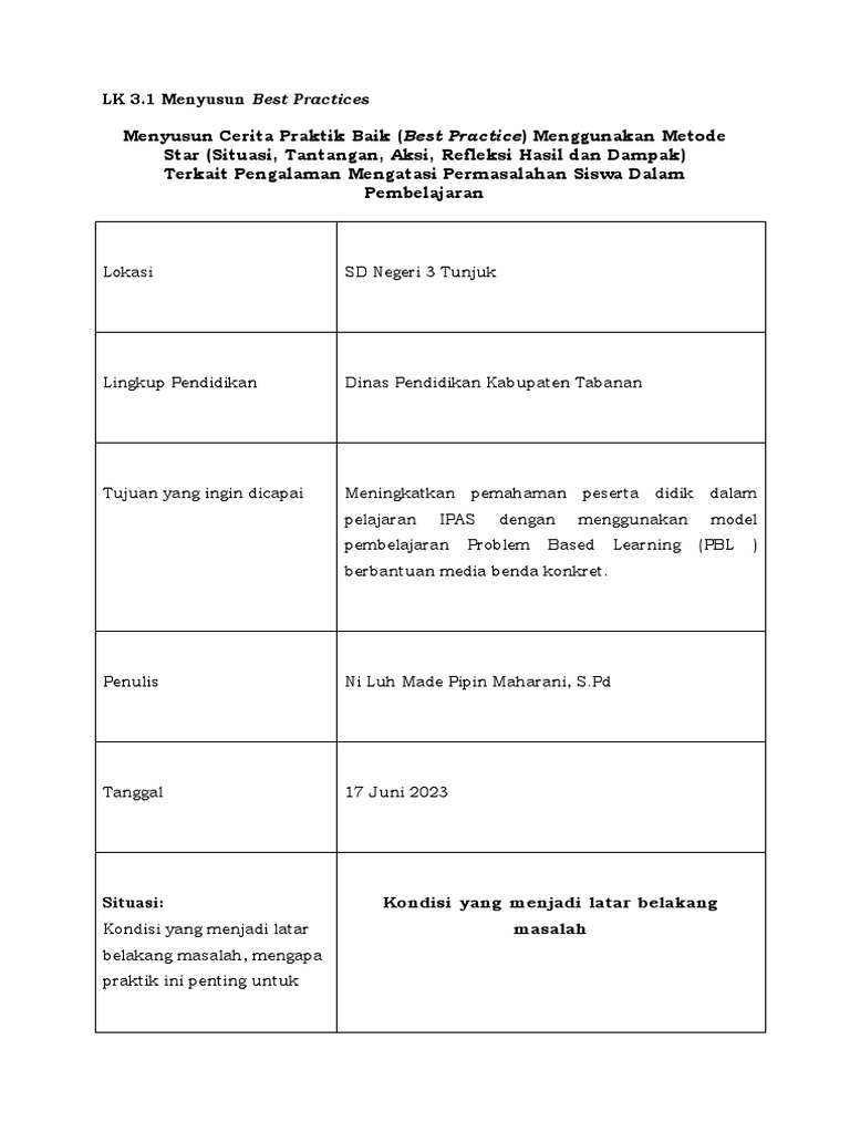 LK 3.1 Menyusun Best Practices - Ni Luh Made Pipin Maharani, S.PD | PDF