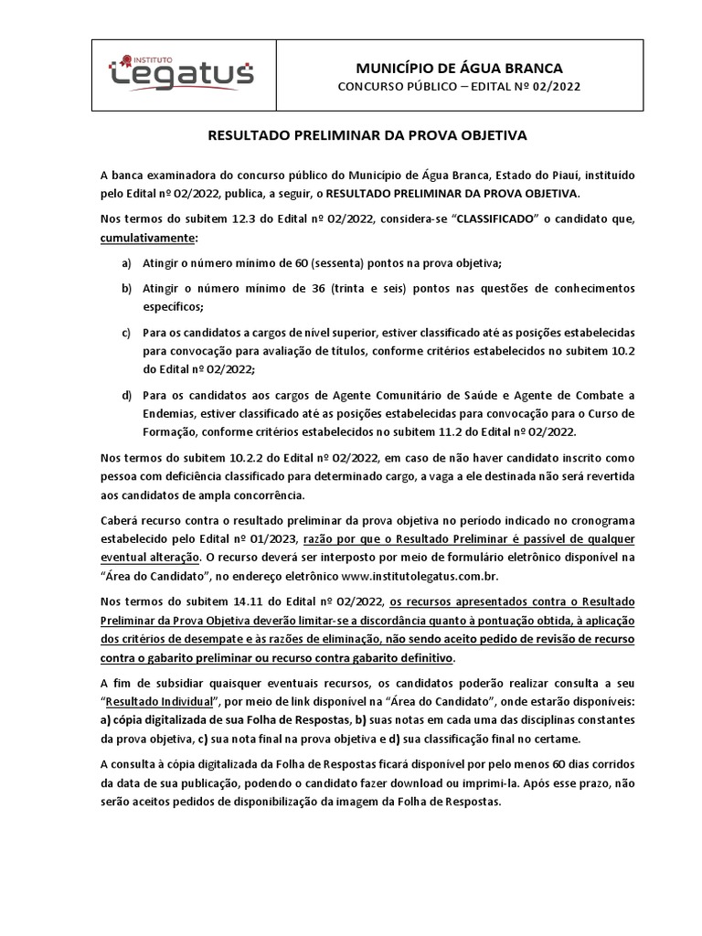 Resultado Preliminar Das Provas Objetivas Pdf Brasil