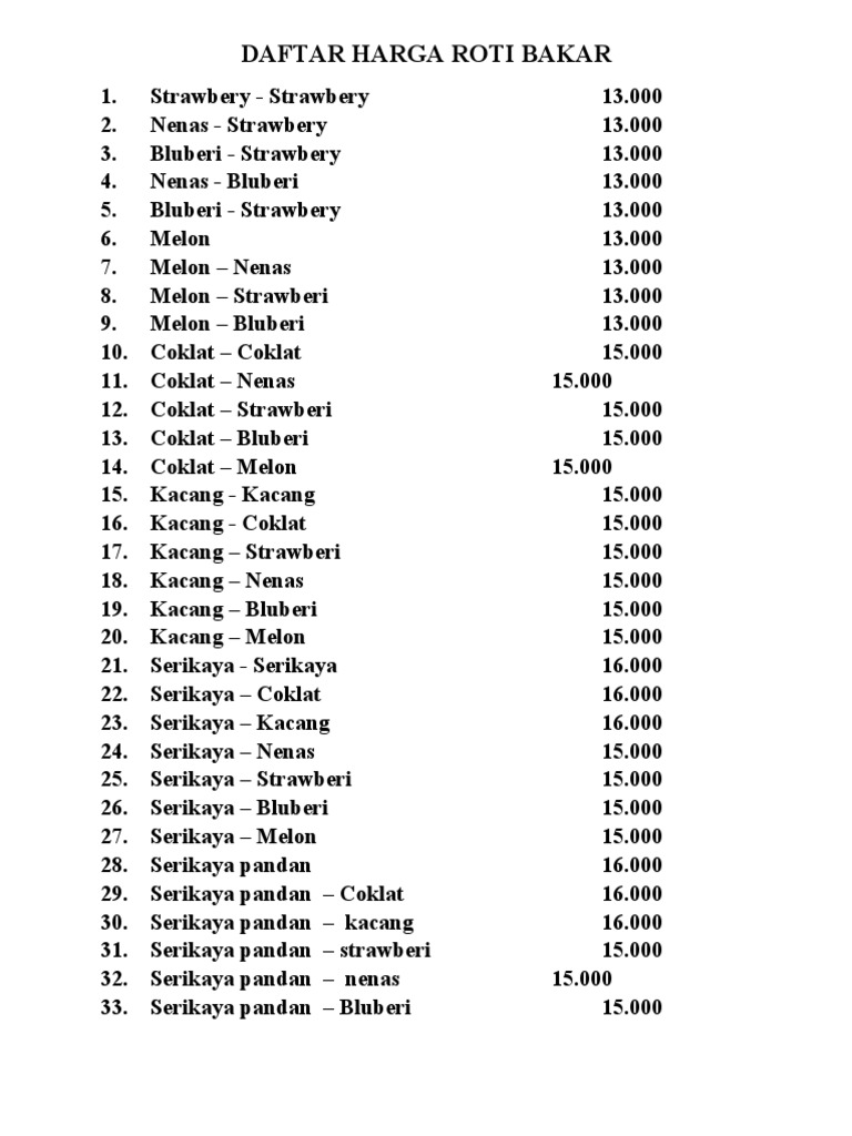 Daftar Harga Roti Bakar | PDF | Memasak, Makanan, & Anggur | Gaya Hidup