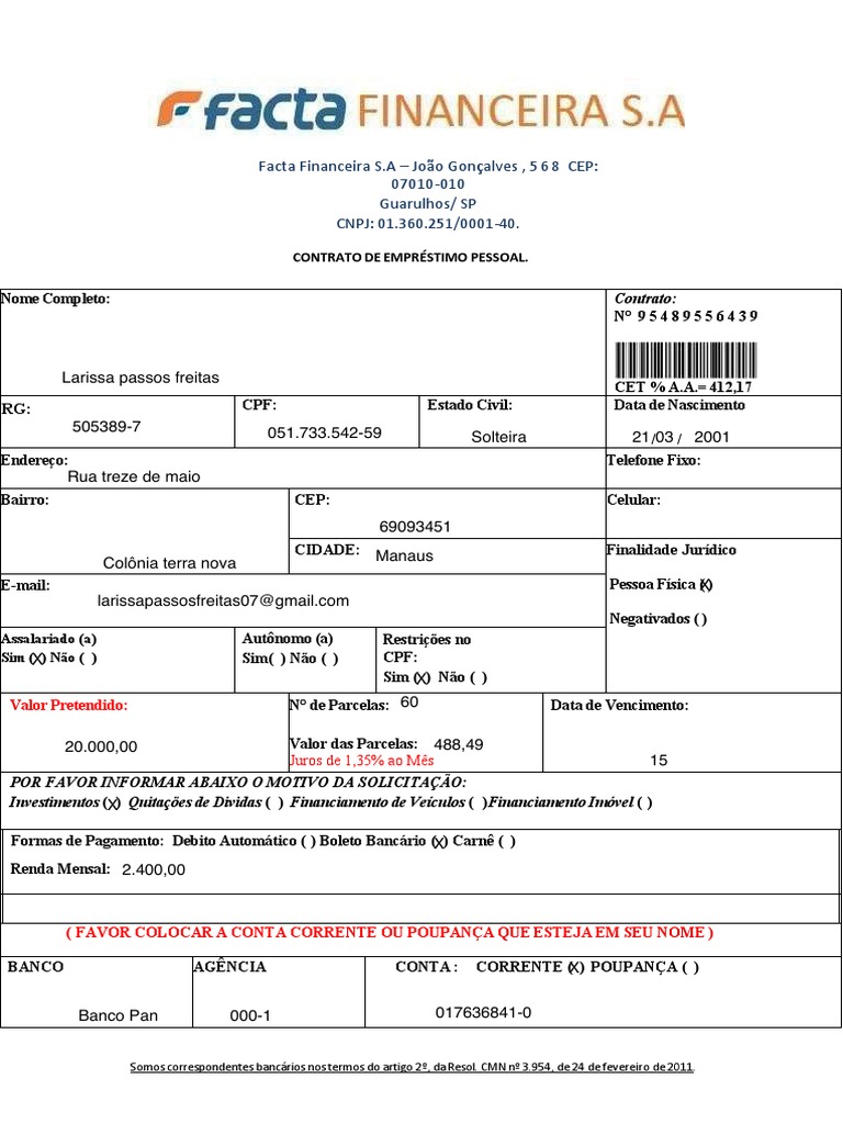 Contrato Facta Financeira-1 2 | PDF | Empréstimos | Conta de transação