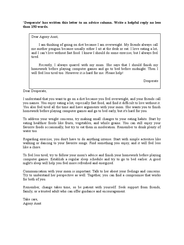 Letter of Advice (Sample Essay) | PDF | Healthy Diet | Nutrition