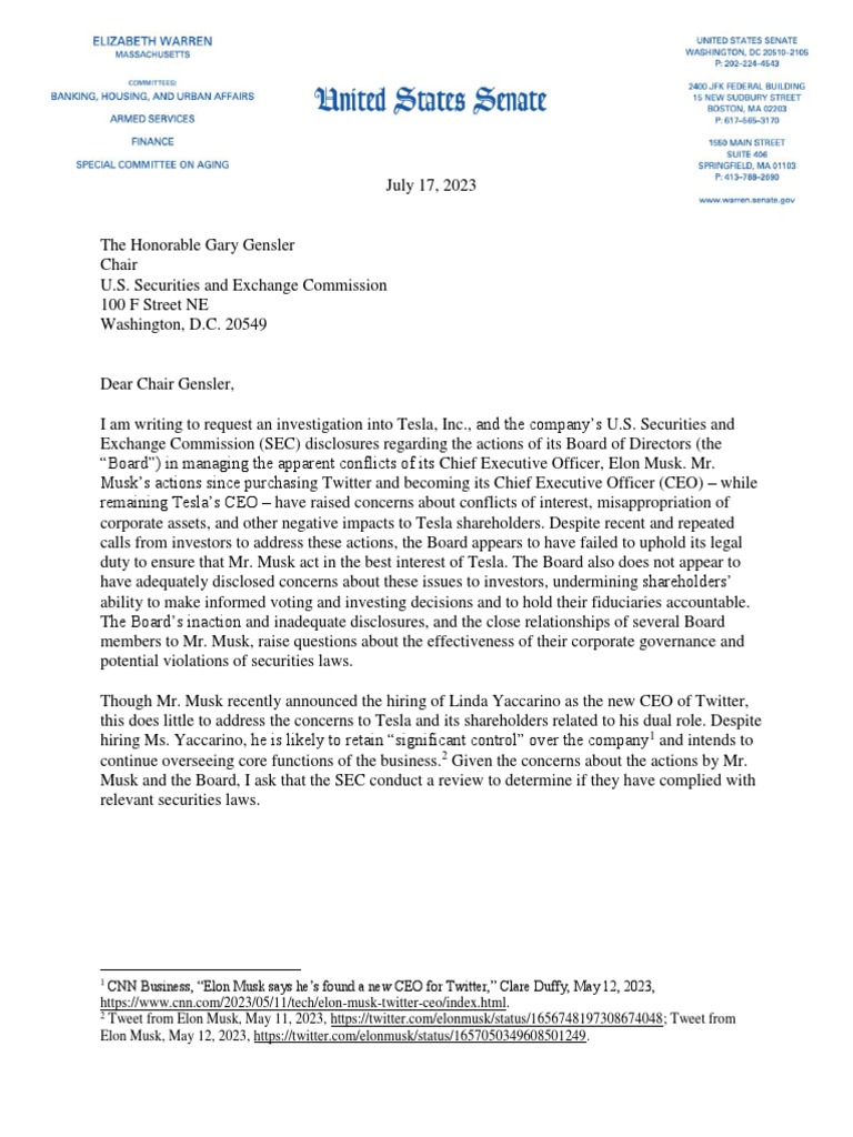 Elizabeth Warren Elon Musk Letter | PDF | Elon Musk | U.S. Securities ...