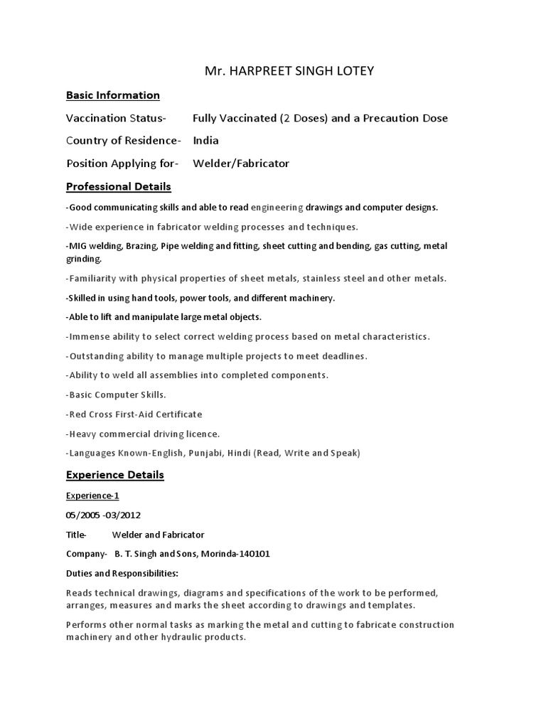 Harpreet Lotey W.F Resume | PDF | Sheet Metal | Welding