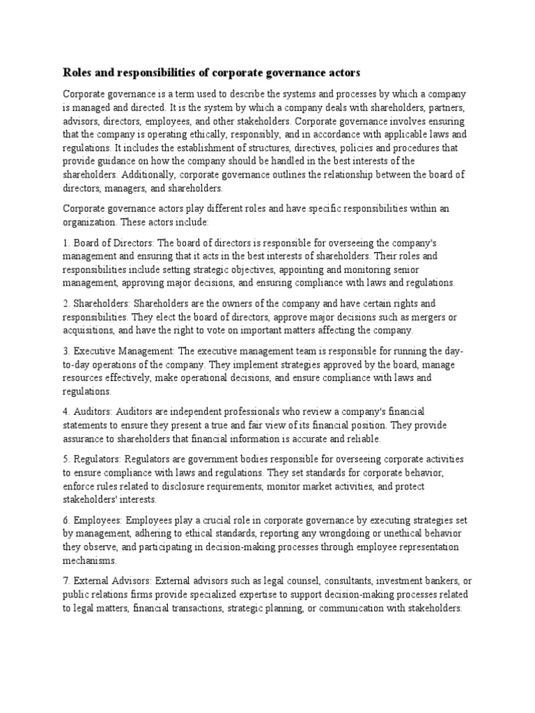 Roles and Responsibilities of Corporate Governance Actors | PDF ...