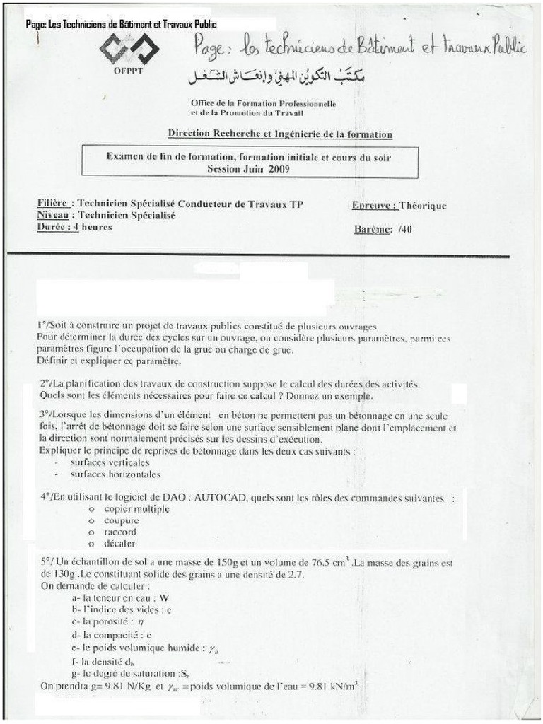Examen de Fin de Formation Initiale & Cours Du Soir Juin 2009 Théorique ...