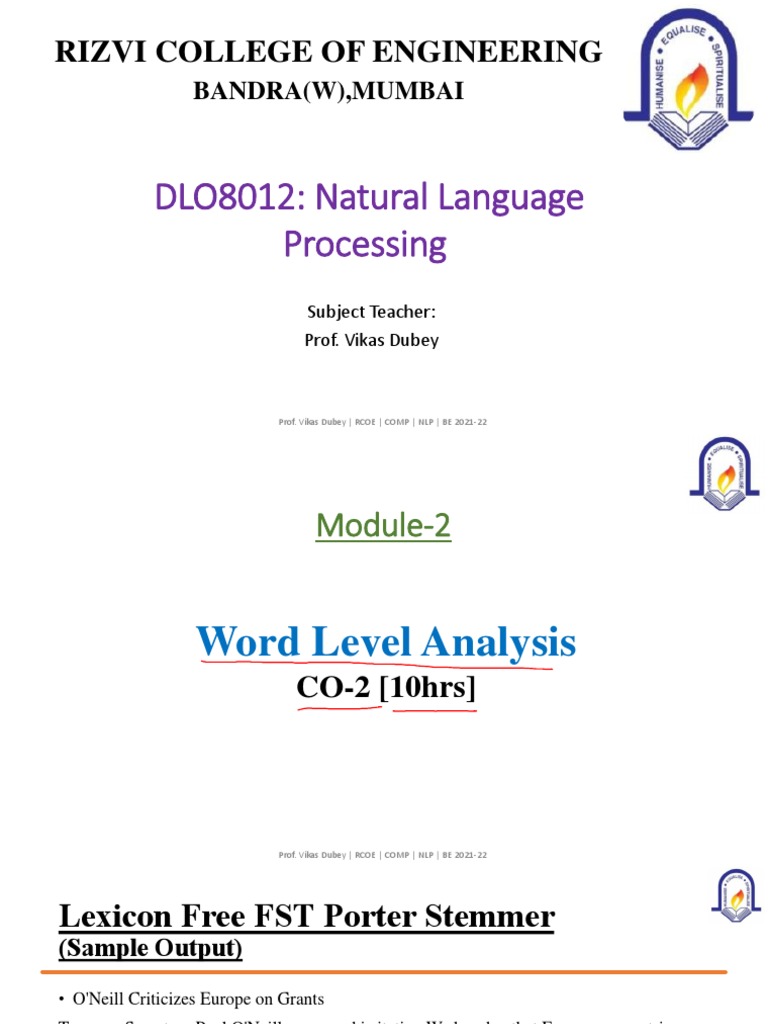 Rizvi College of Engineering: DLO8012: Natural Language Processing | PDF | Grammar | Human ...