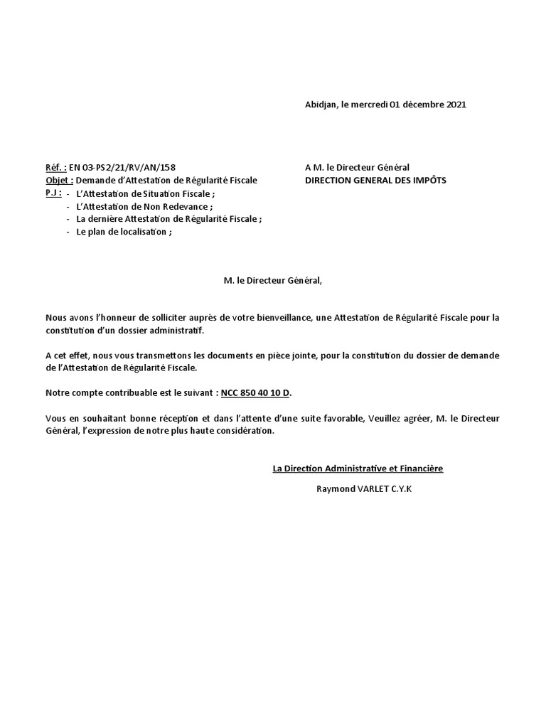 Demande D'attestation de Regularité Fiscale | PDF