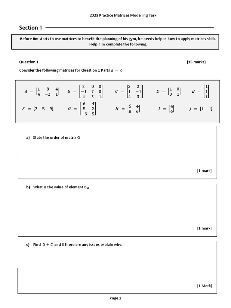 2023 Practice Matrices Modelling Task | PDF | Matrix (Mathematics) | Determinant