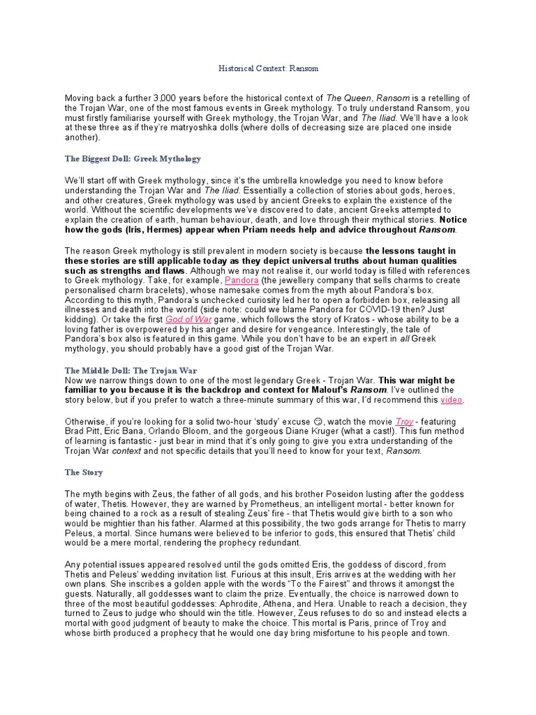 Ransom Vs The Queen Lisa's Study Guide | PDF | Paris (Mythology) | Achilles