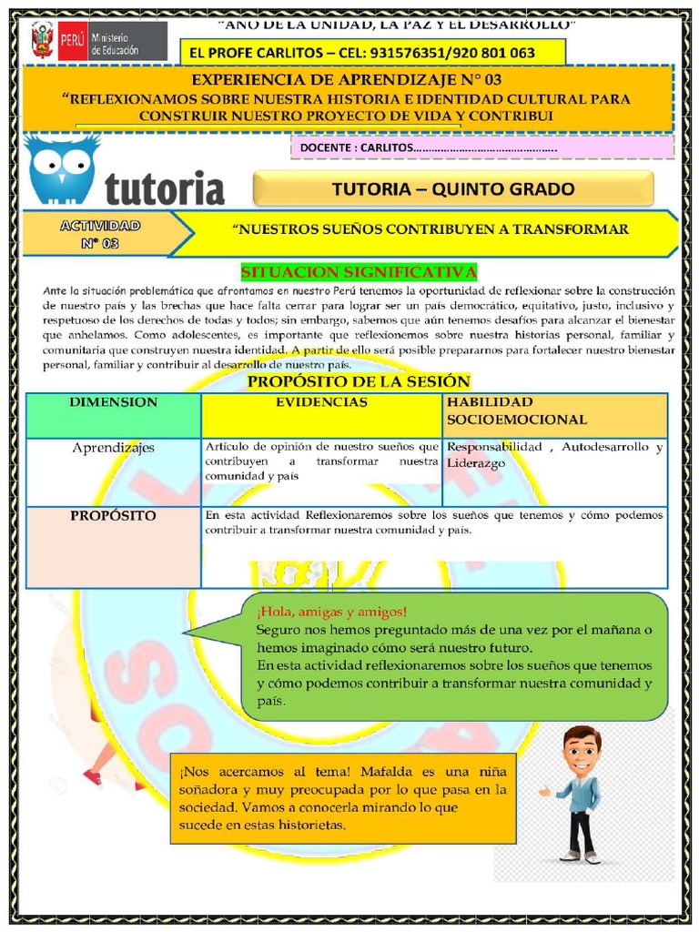 Experiencia de Aprendizaje #03 - Actividad #03 - 5to Grado - Tutoria - 00001 | PDF