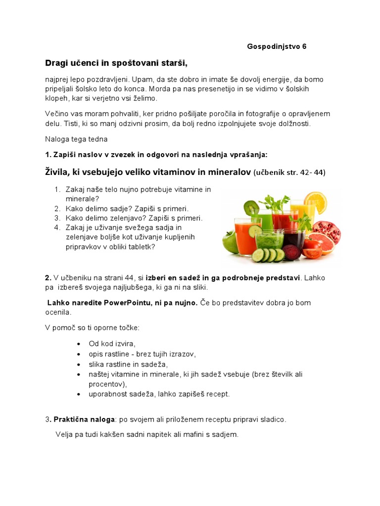 Živila, Ki Vsebujejo Veliko Vitaminov in Mineralov: Dragi Učenci in ...