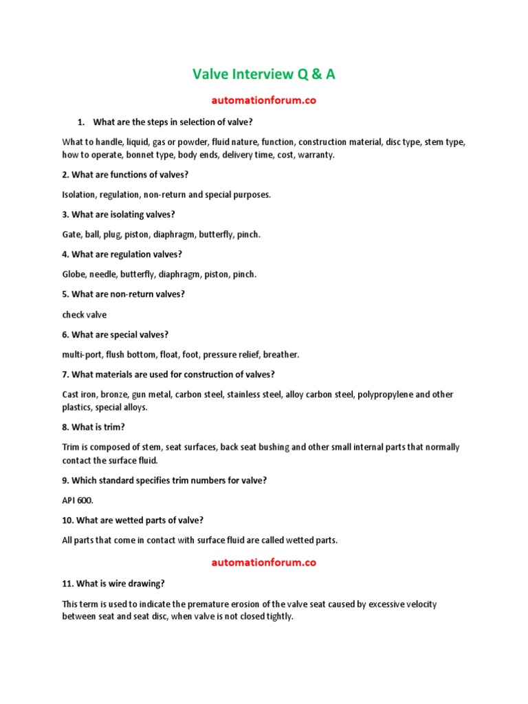 Valve Interview Questions and Answers | PDF | Valve | Manufactured Goods