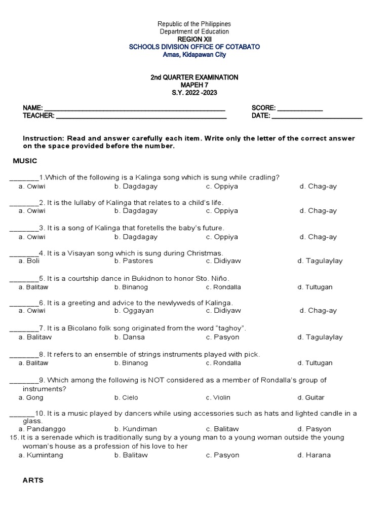 Mapeh 7 2nd Grading Exam | PDF | Foods | Nutrients