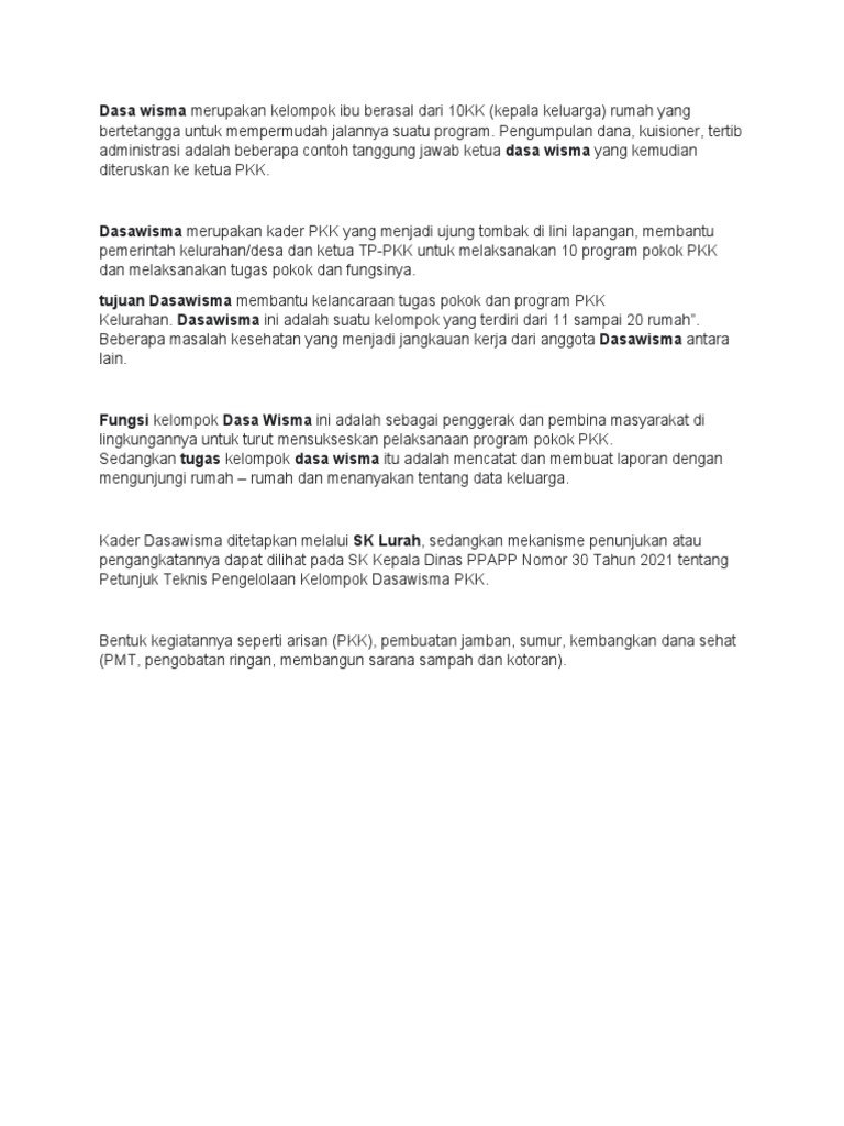 Peran Dasawisma dalam Program PKK | PDF