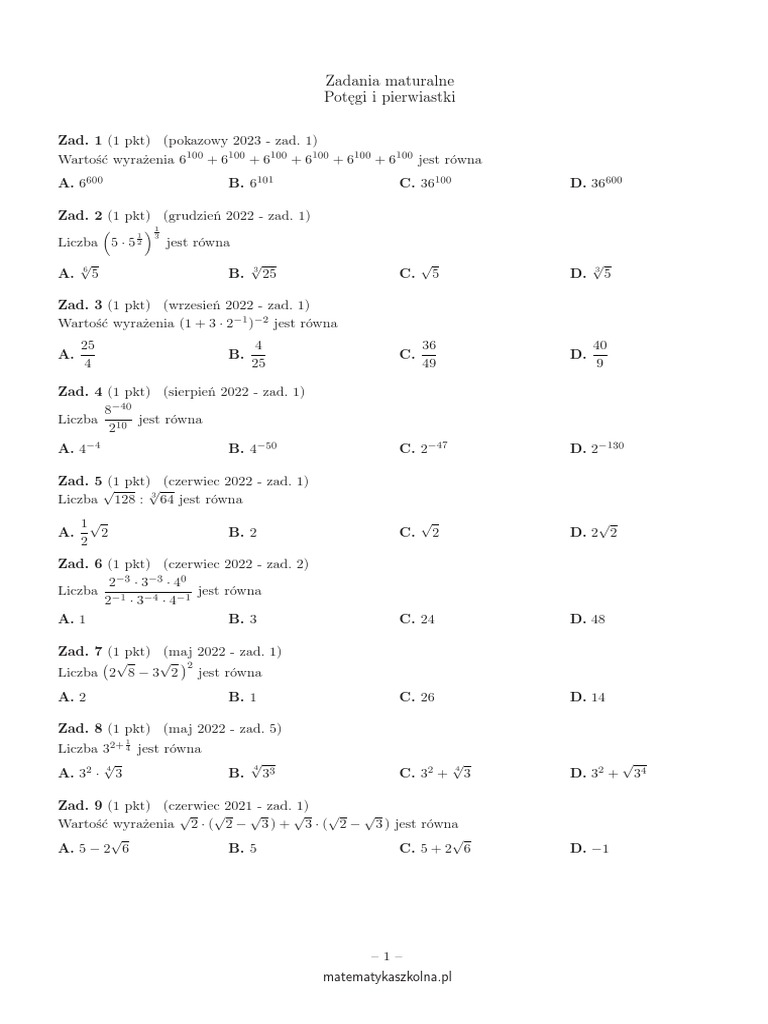 Zadania Maturalne Potęgi Pierwiastki | PDF
