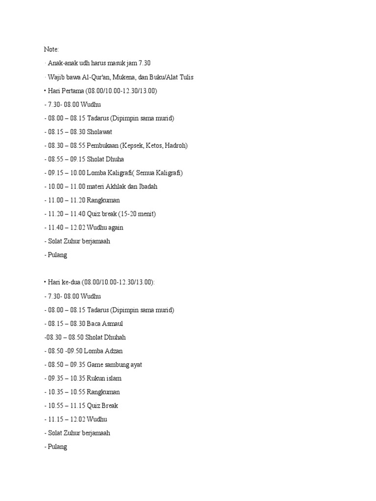 Jadwal Kegiatan Anak di Sekolah Islam | PDF