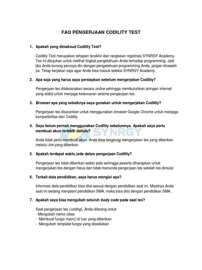 FAQ Codility SYNRGY Academy Batch 6 | PDF | Bisnis | Komputer