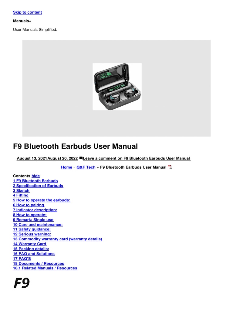 f9 Bluetooth Earbuds Manual | PDF
