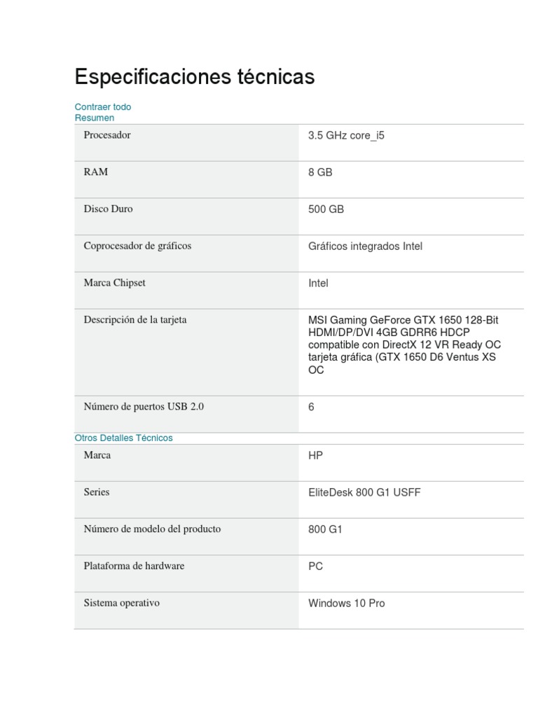 Especificaciones técnicas Equipos | PDF