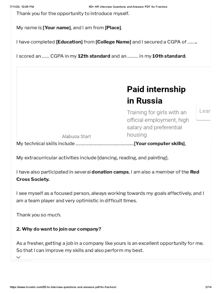 HR Interview Guide for Freshers | PDF | Knowledge | Experience