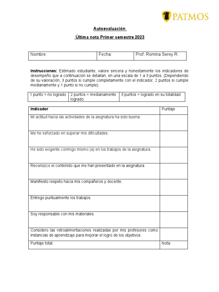 Autoevaluación Estudiantil Artes | PDF