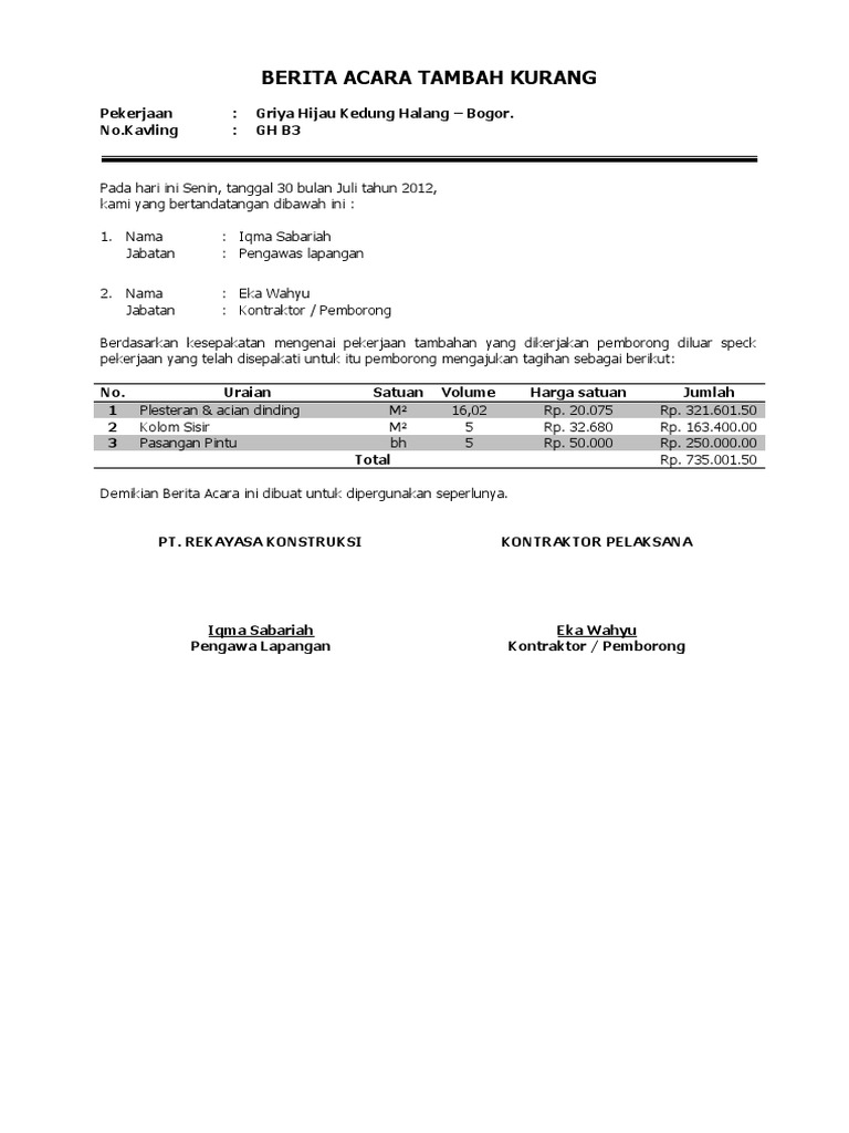 Berita Acara Additional Cost B3 | PDF