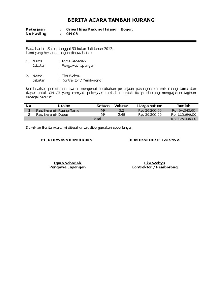 Berita Acara Additional Cost C3 | PDF