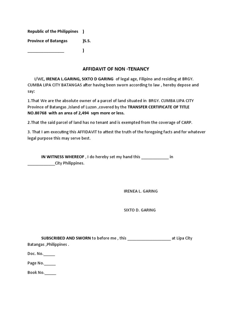 Affidavit of Non-Tenancy for Land | PDF